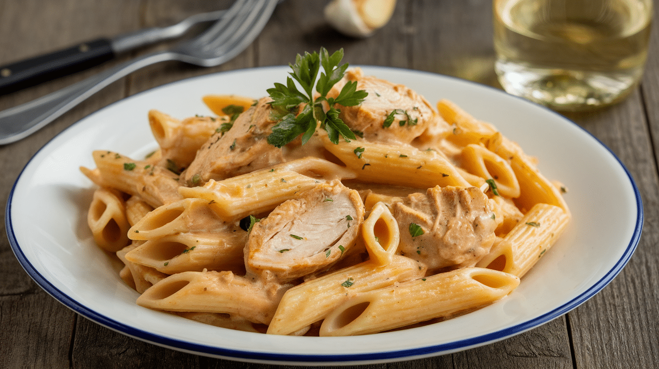 Creamy Garlic Chicken Penne Pasta - Food Blasts