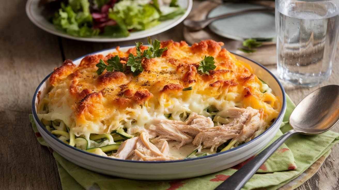 Cheesy Chicken Alfredo Zoodle Bake - Food Blasts