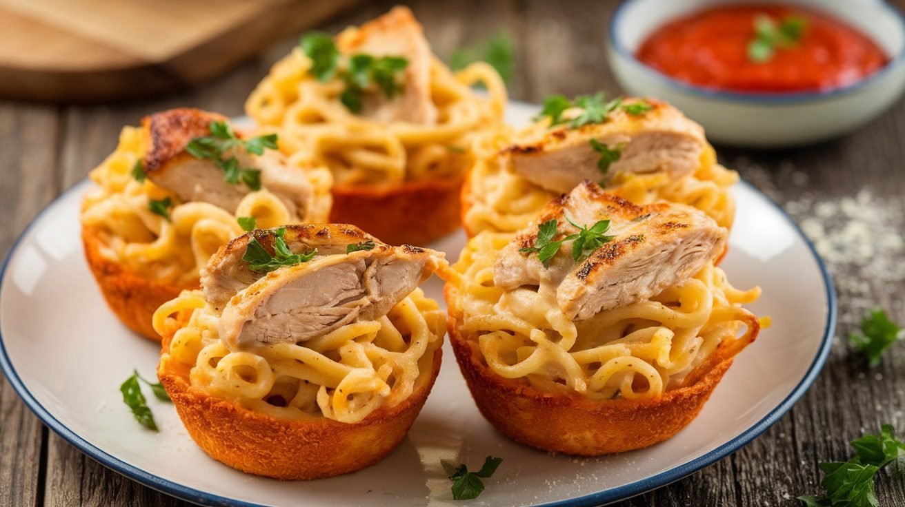 Mini Chicken Alfredo Spaghetti Cups Recipe - Food Blasts